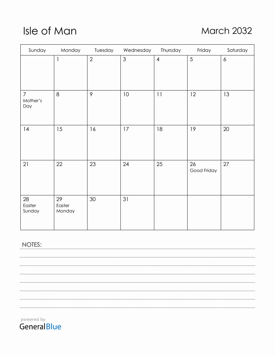 March 2032 Isle of Man Calendar with Holidays