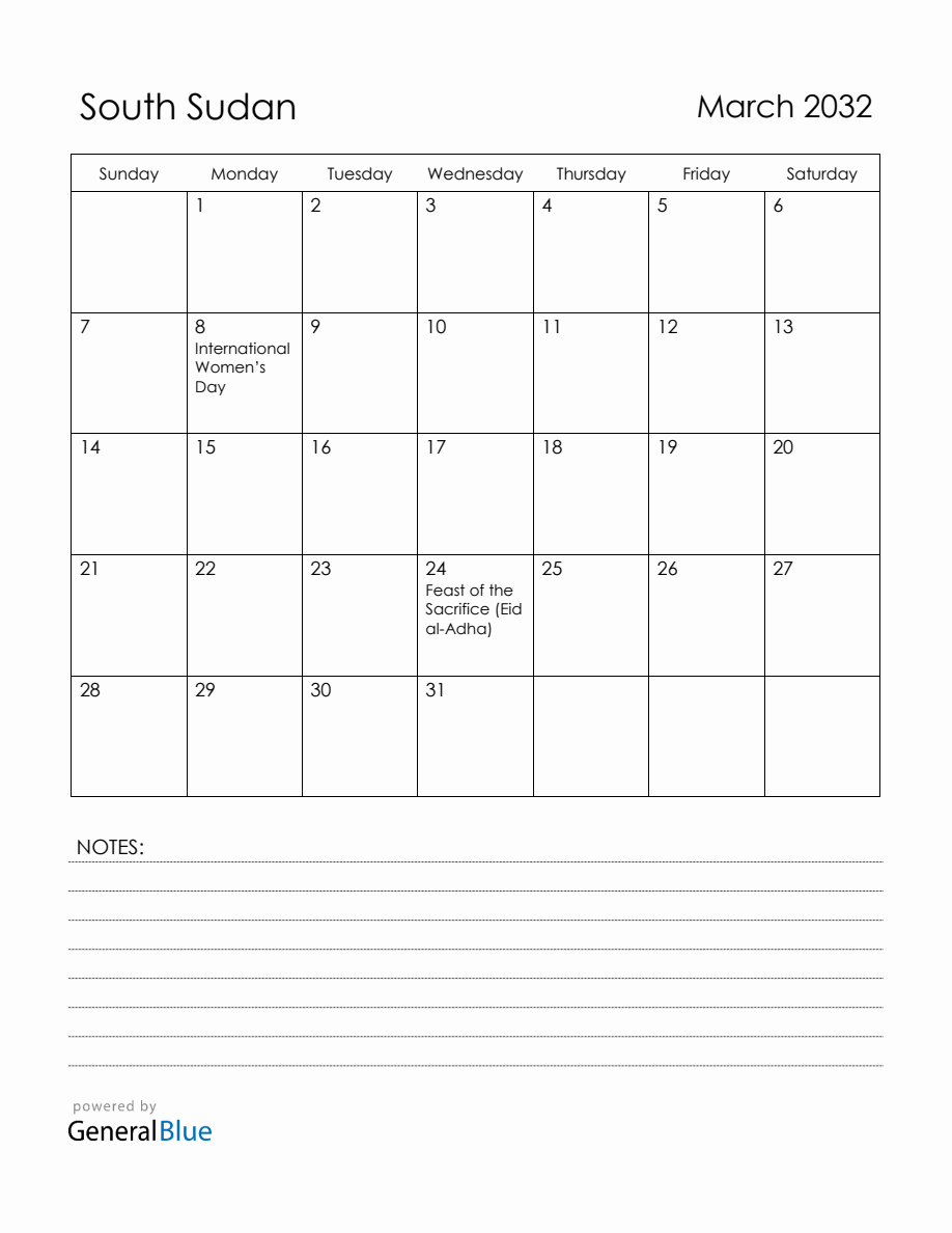 March 2032 South Sudan Calendar with Holidays