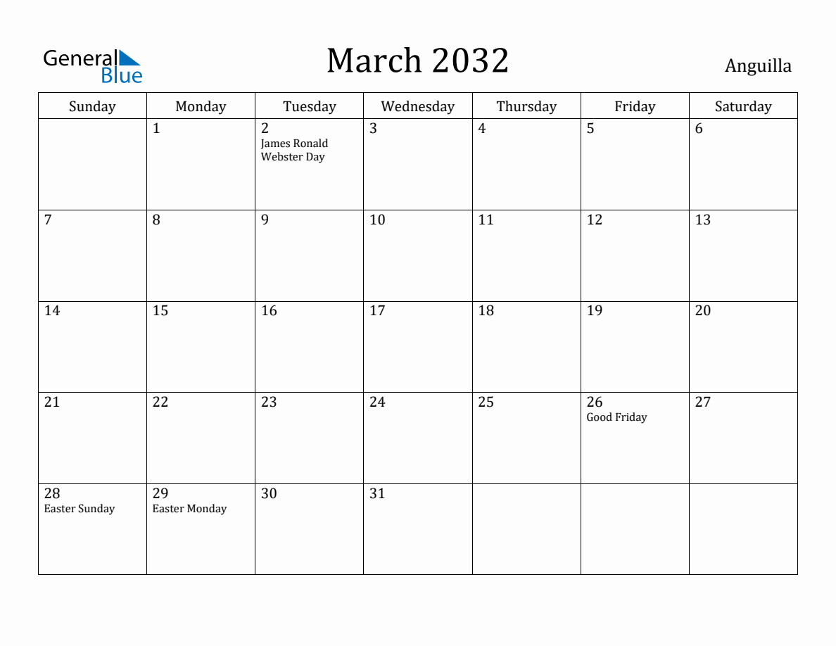March 2032 Monthly Calendar with Anguilla Holidays