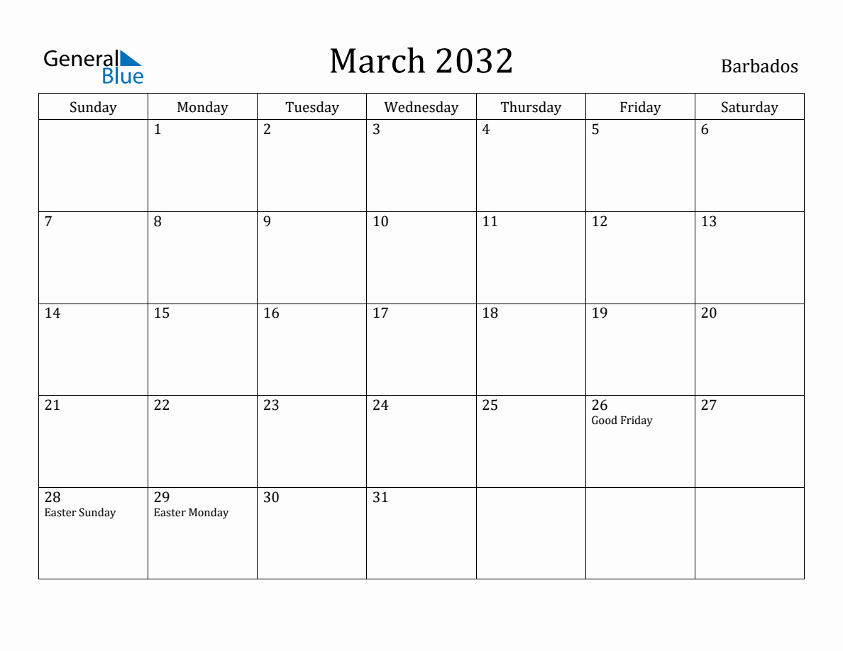 March 2032 Monthly Calendar with Barbados Holidays