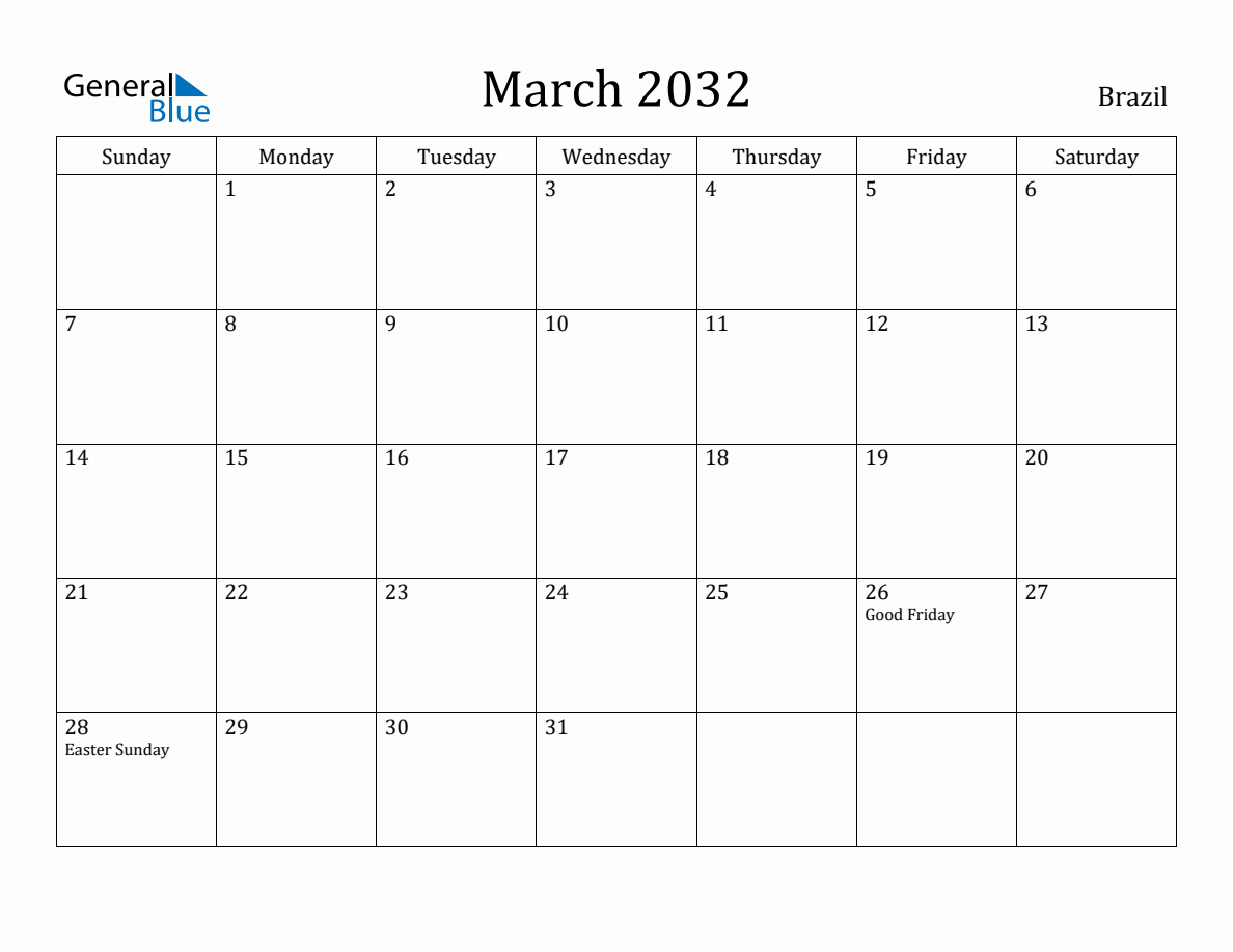 March 2032 Monthly Calendar with Brazil Holidays