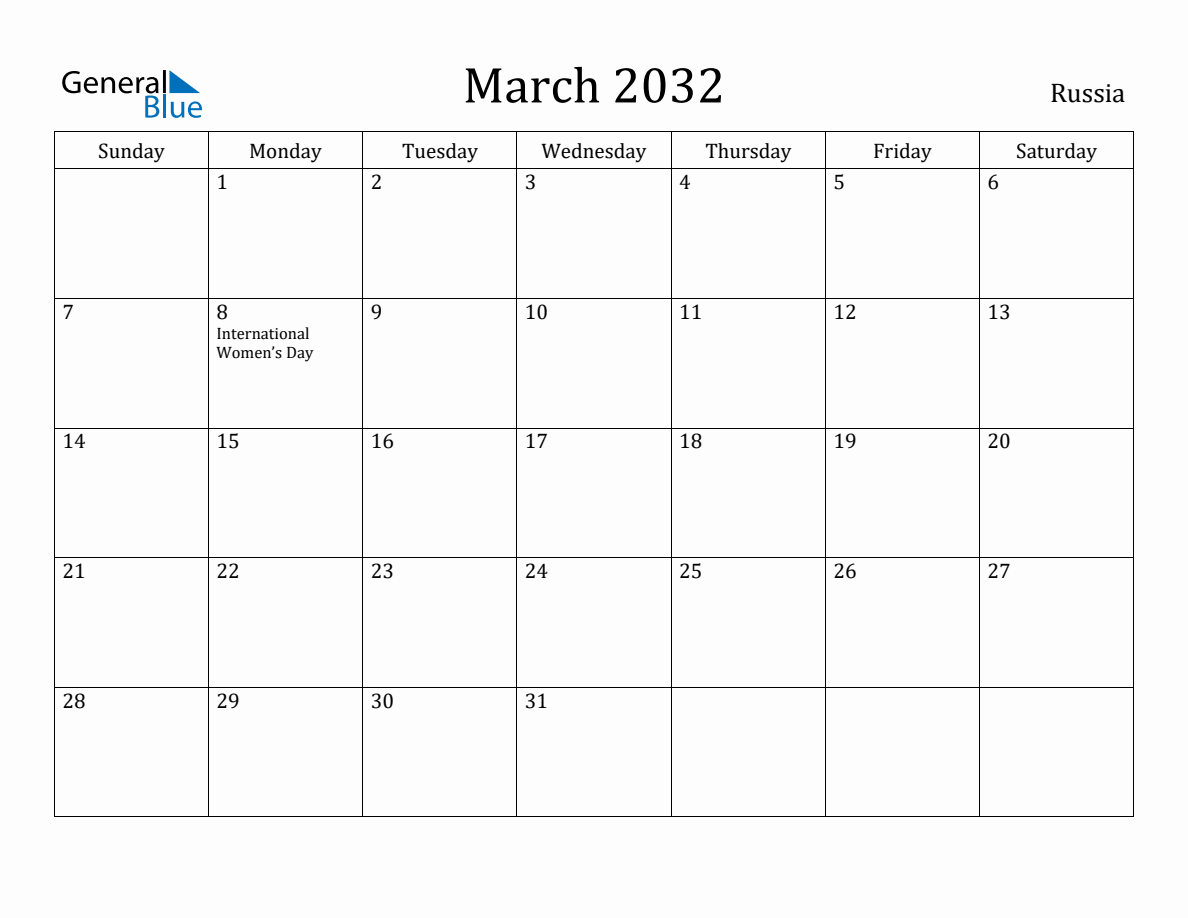 March 2032 Monthly Calendar with Russia Holidays