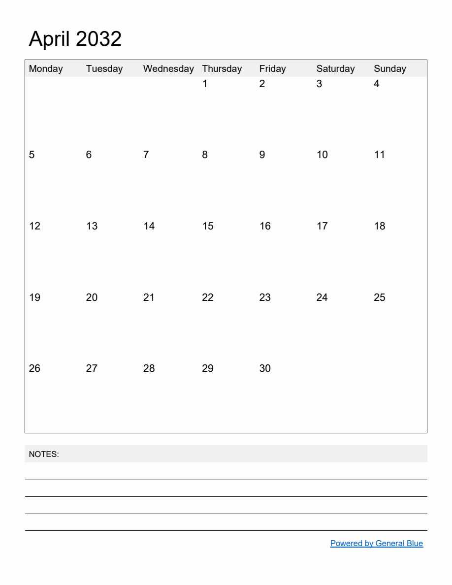 Free Printable Monthly Calendar for April 2032 - Monday Start