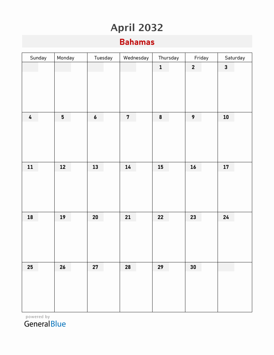 Bahamas April 2032 Calendar with Holidays