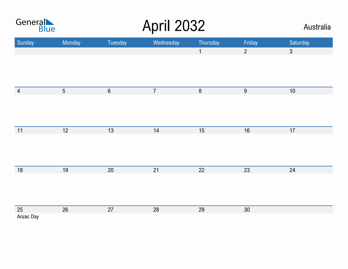 April 2032 Monthly Calendar with Australia Holidays