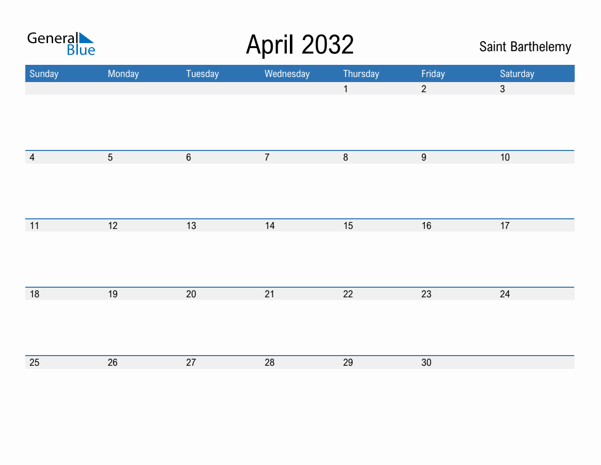April 2032 Monthly Calendars with Saint Barthelemy Holidays
