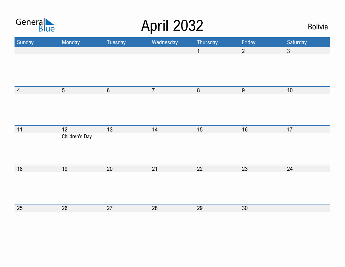 April 2032 Monthly Calendar with Bolivia Holidays