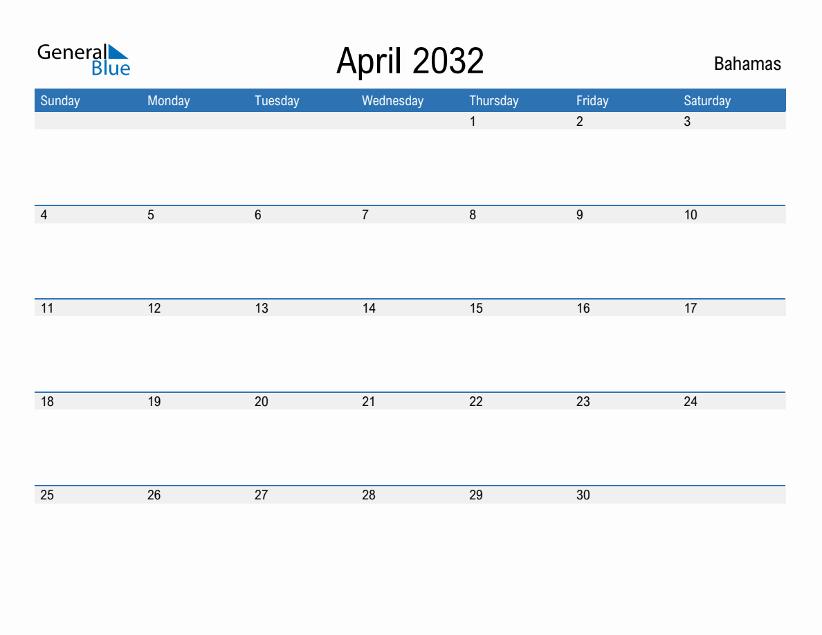 April 2032 Monthly Calendar with Bahamas Holidays