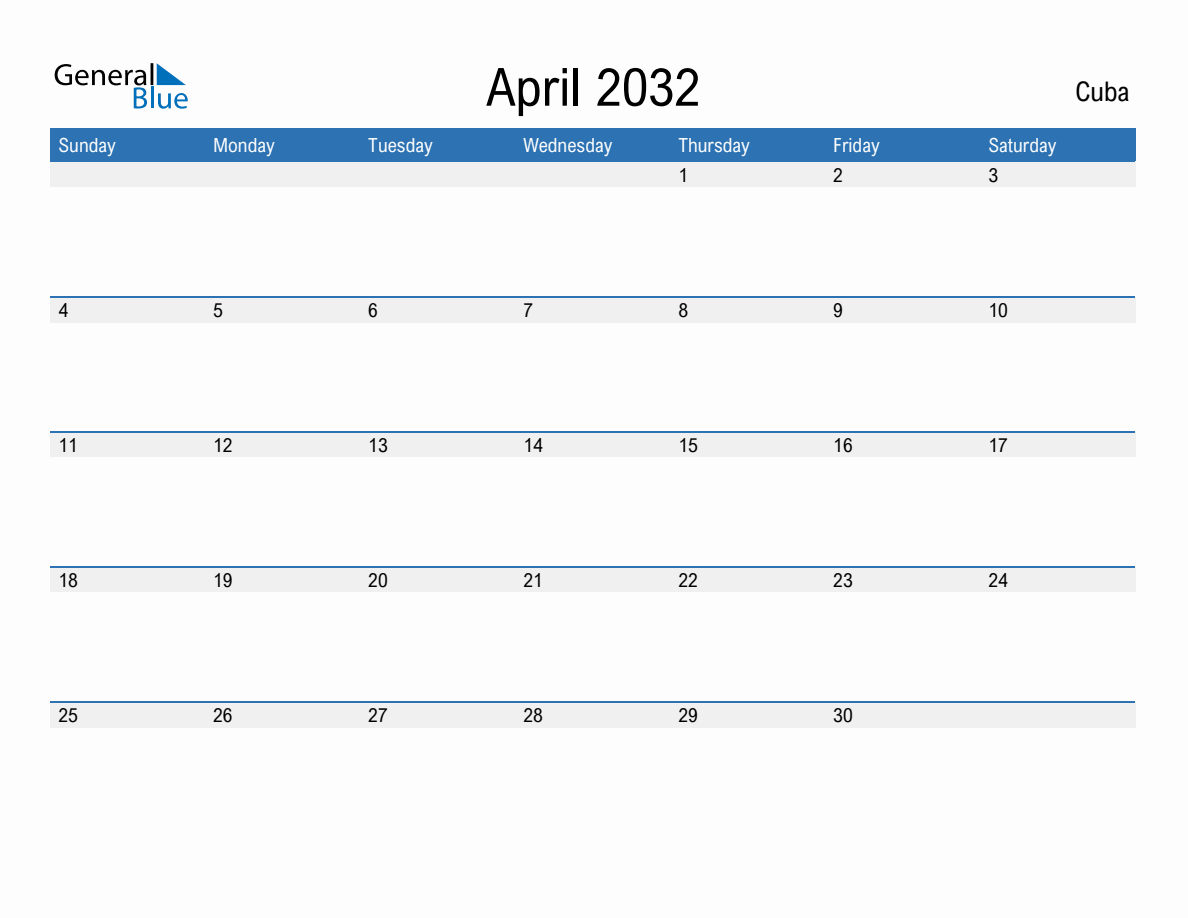 April 2032 Monthly Calendar with Cuba Holidays