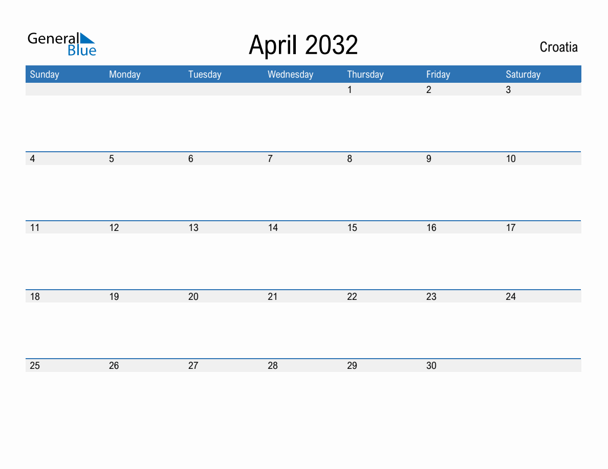 April 2032 Monthly Calendars with Croatia Holidays