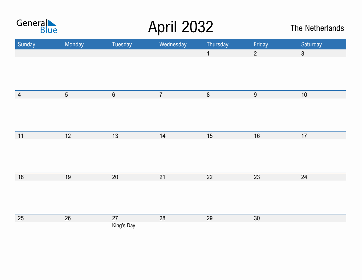 April 2032 Monthly Calendar with The Netherlands Holidays