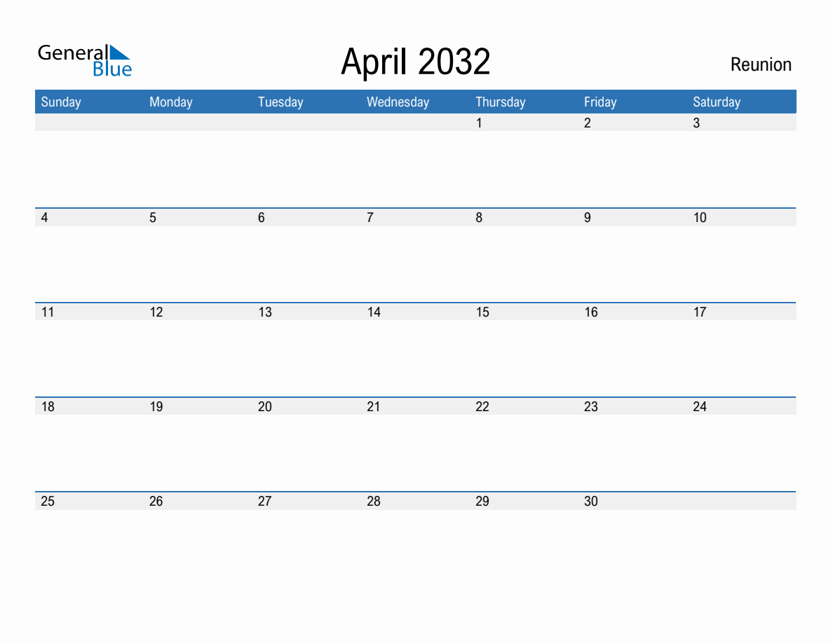 April 2032 Monthly Calendar with Reunion Holidays
