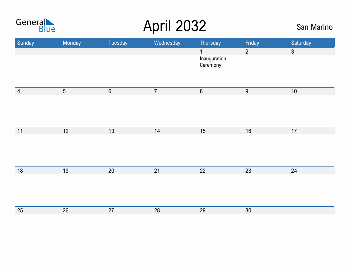 April 2032 Monthly Calendars with San Marino Holidays