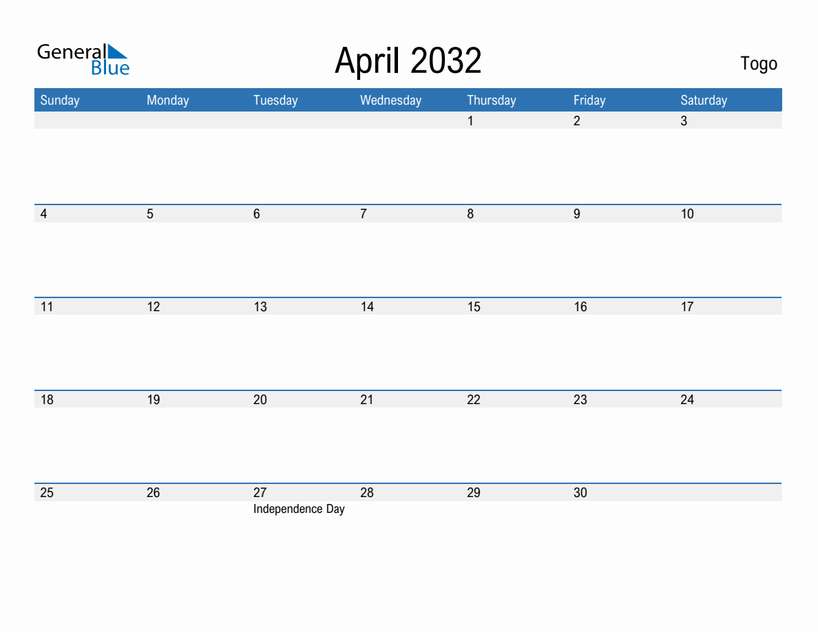 April 2032 Monthly Calendar with Togo Holidays