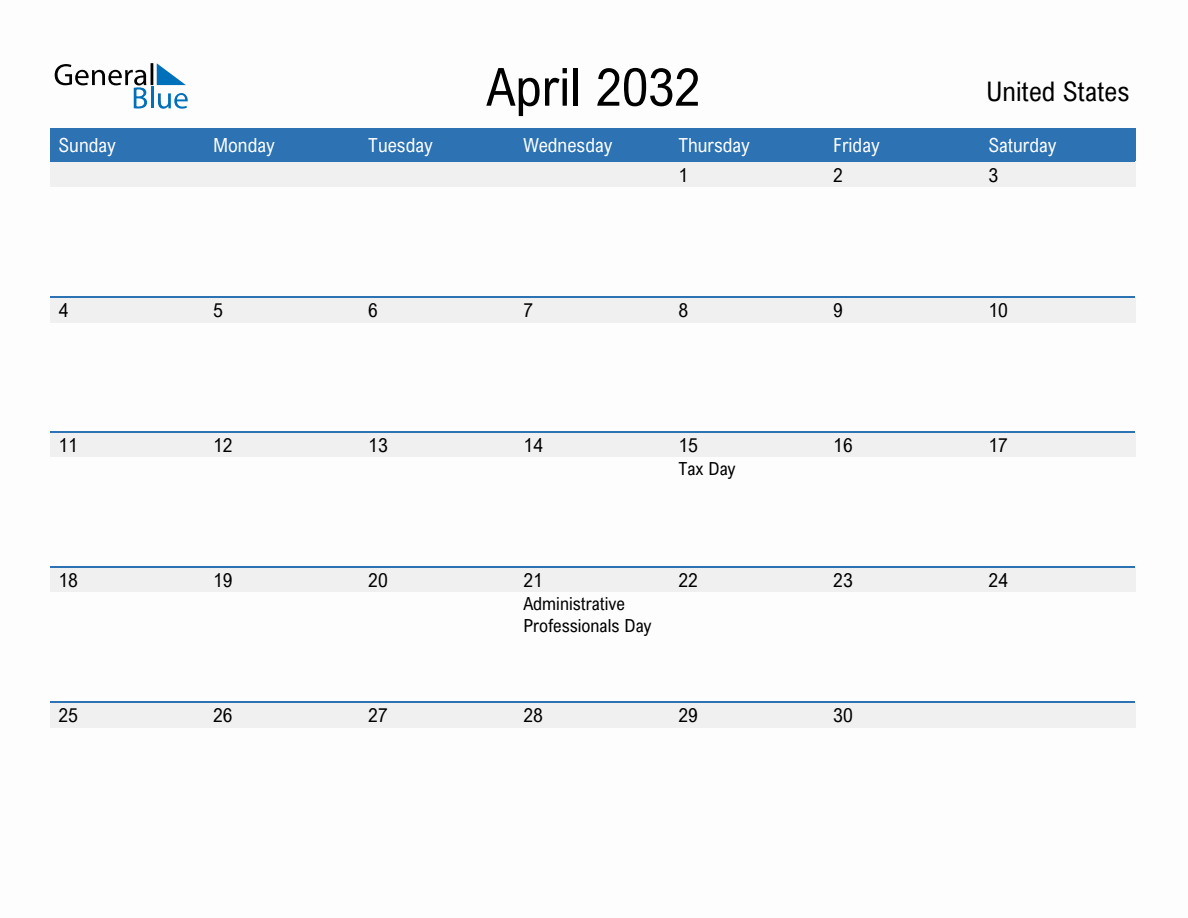 April 2032 Monthly Calendars with United States Holidays