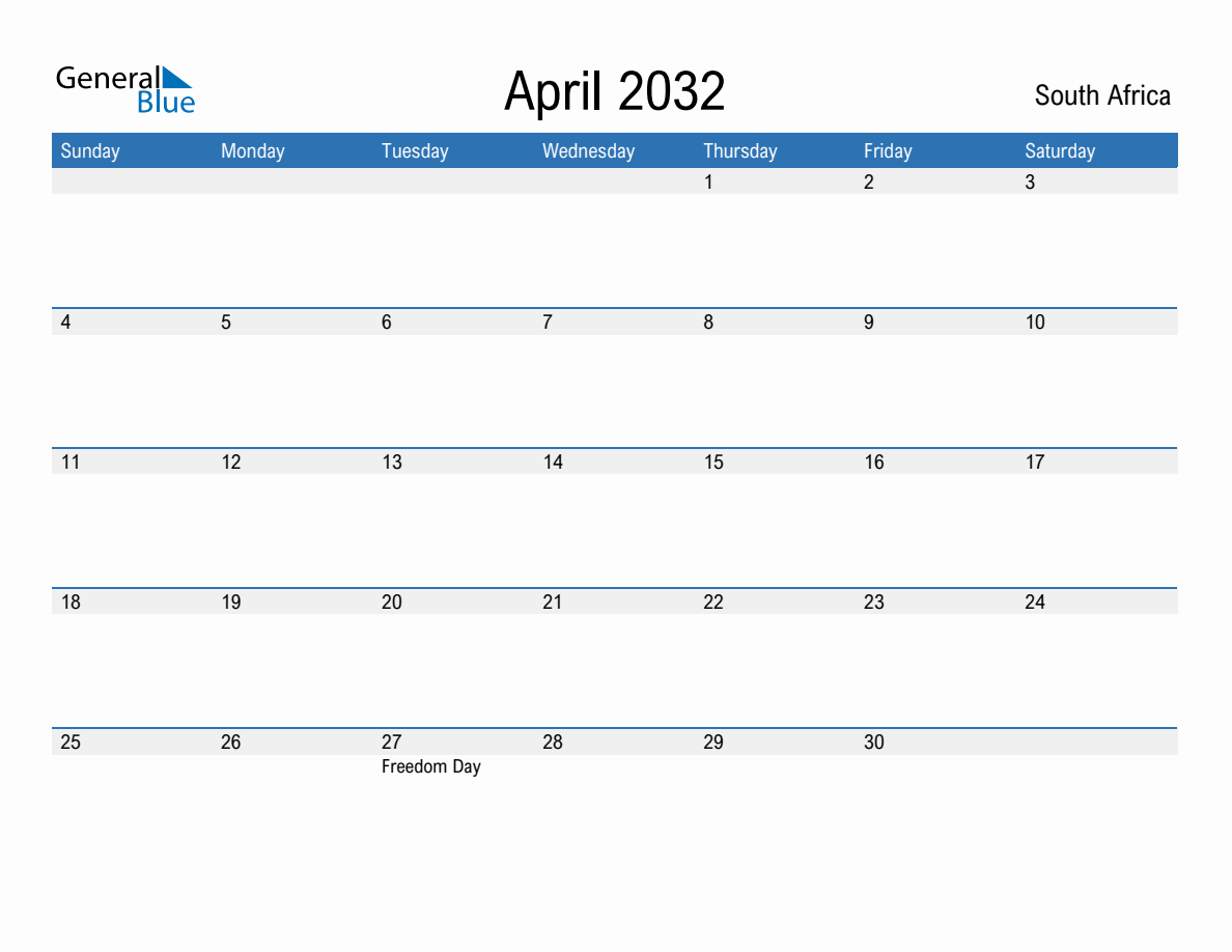 April 2032 Monthly Calendar with South Africa Holidays