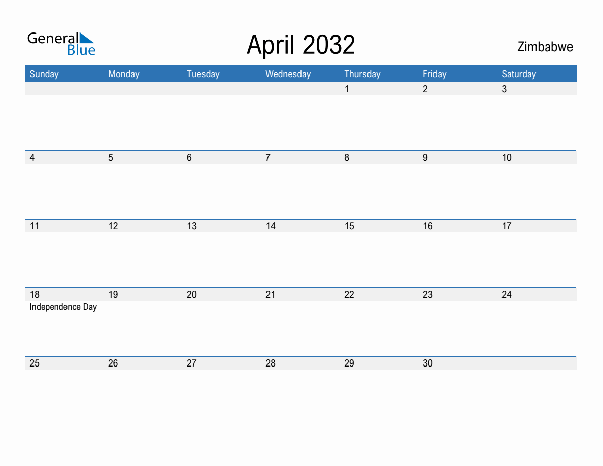April 2032 Monthly Calendar with Zimbabwe Holidays