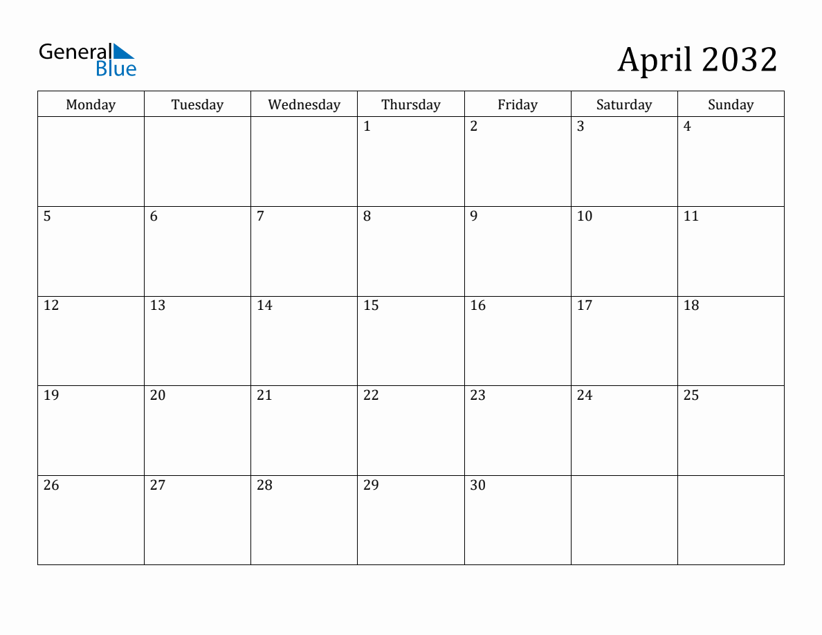 April 2032 Monday Start Calendar (PDF, Excel, Word)