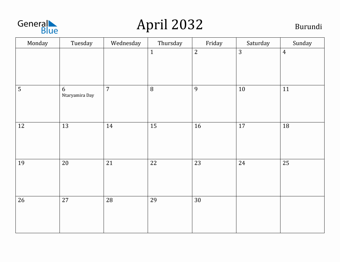 April 2032 - Burundi Monthly Calendar with Holidays