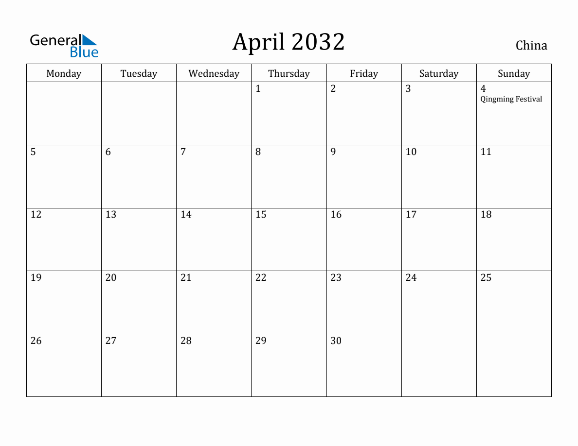 April 2032 Monthly Calendar with China Holidays