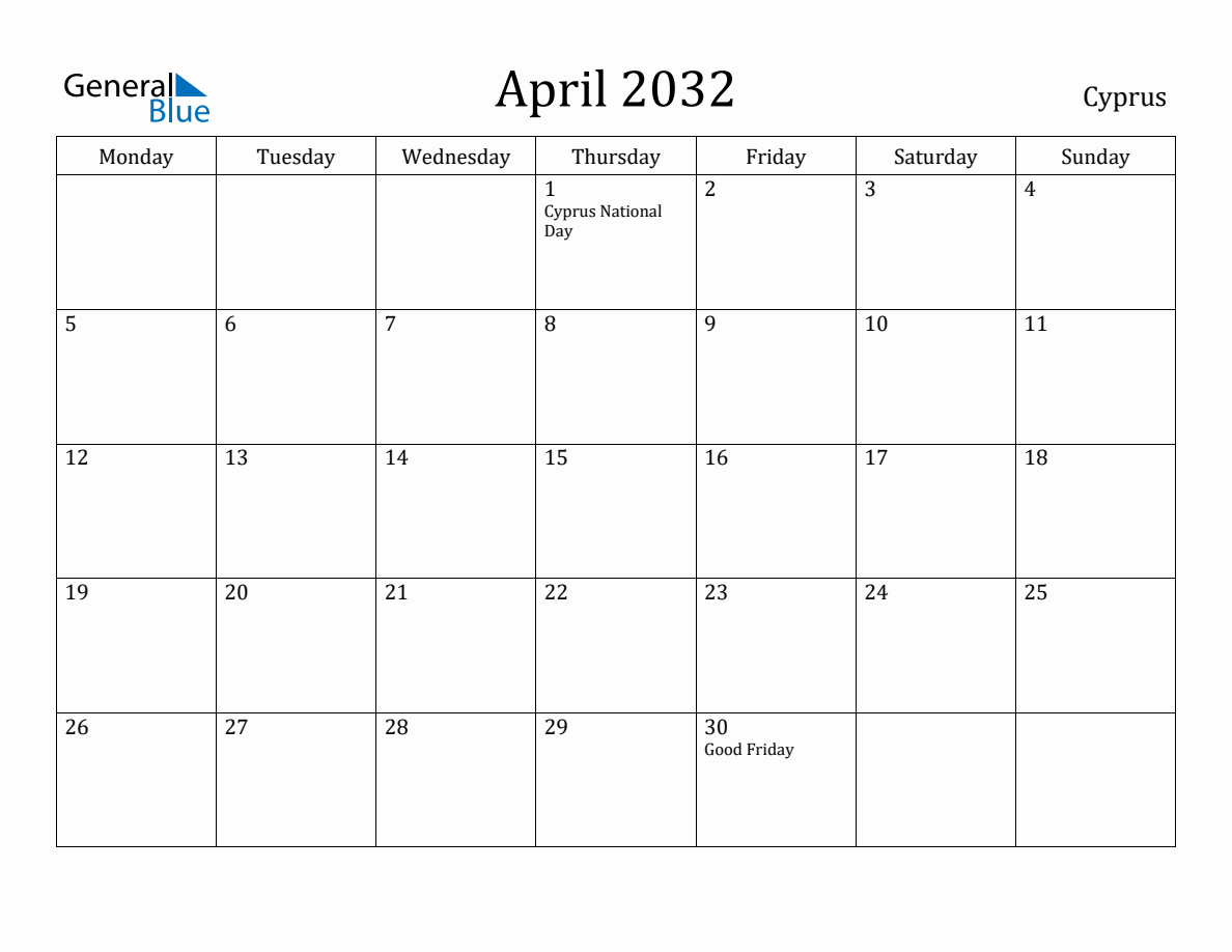 April 2032 - Cyprus Monthly Calendar with Holidays