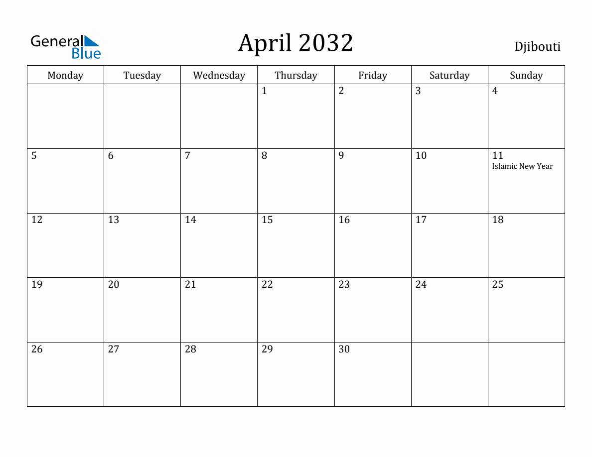 April 2032 Monthly Calendar with Djibouti Holidays (Monday Start)
