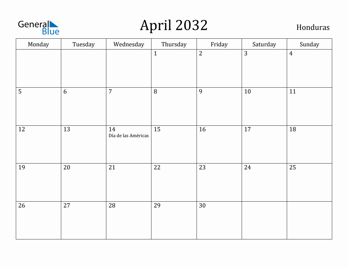 April 2032 Monthly Calendar with Honduras Holidays (Monday Start)