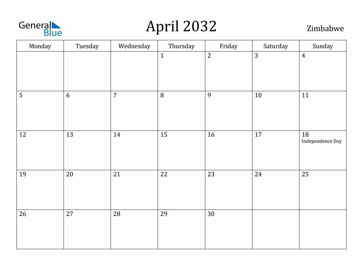 April 2032 - Zimbabwe Monthly Calendar with Holidays