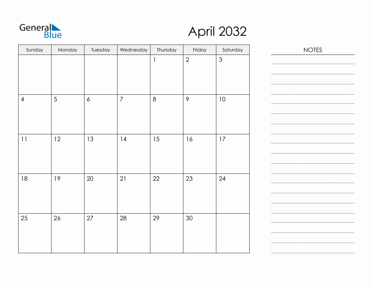 Printable Monthly Calendar with Notes - April 2032