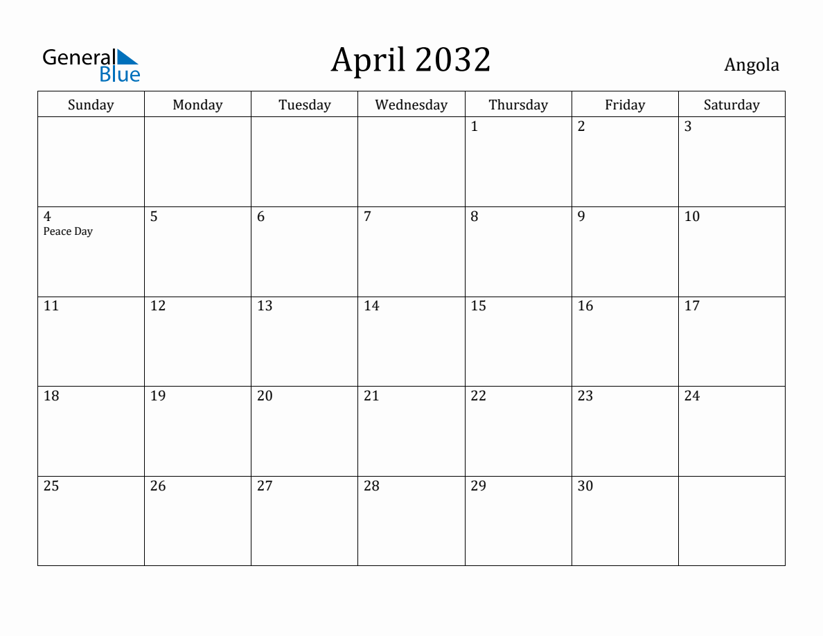 April 2032 Monthly Calendar with Angola Holidays