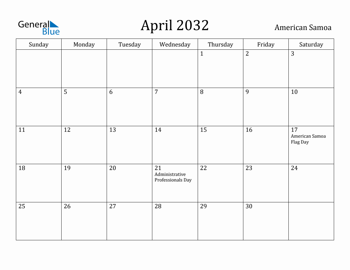 April 2032 Monthly Calendar with American Samoa Holidays