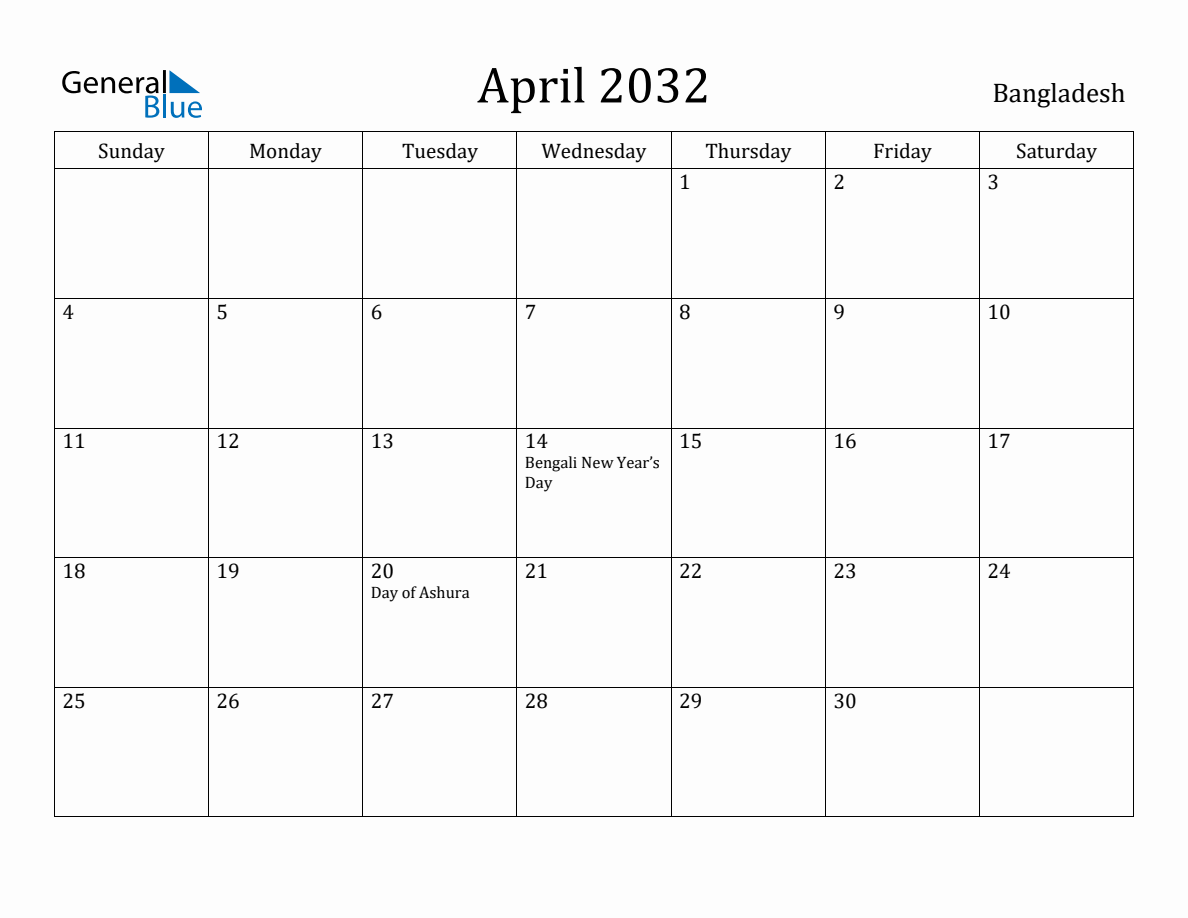 April 2032 Monthly Calendar with Bangladesh Holidays