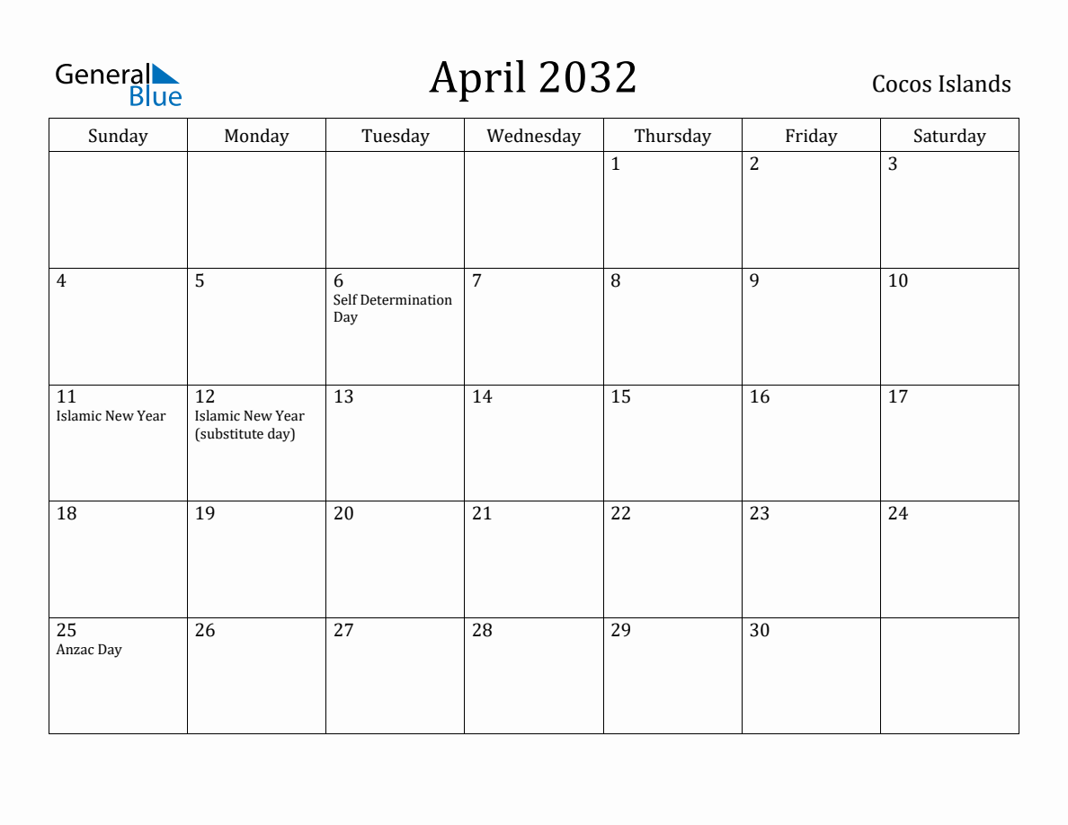April 2032 Monthly Calendar with Cocos Islands Holidays