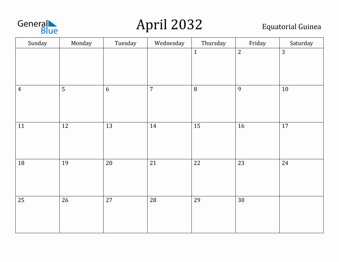 April 2032 Monthly Calendar with Equatorial Guinea Holidays
