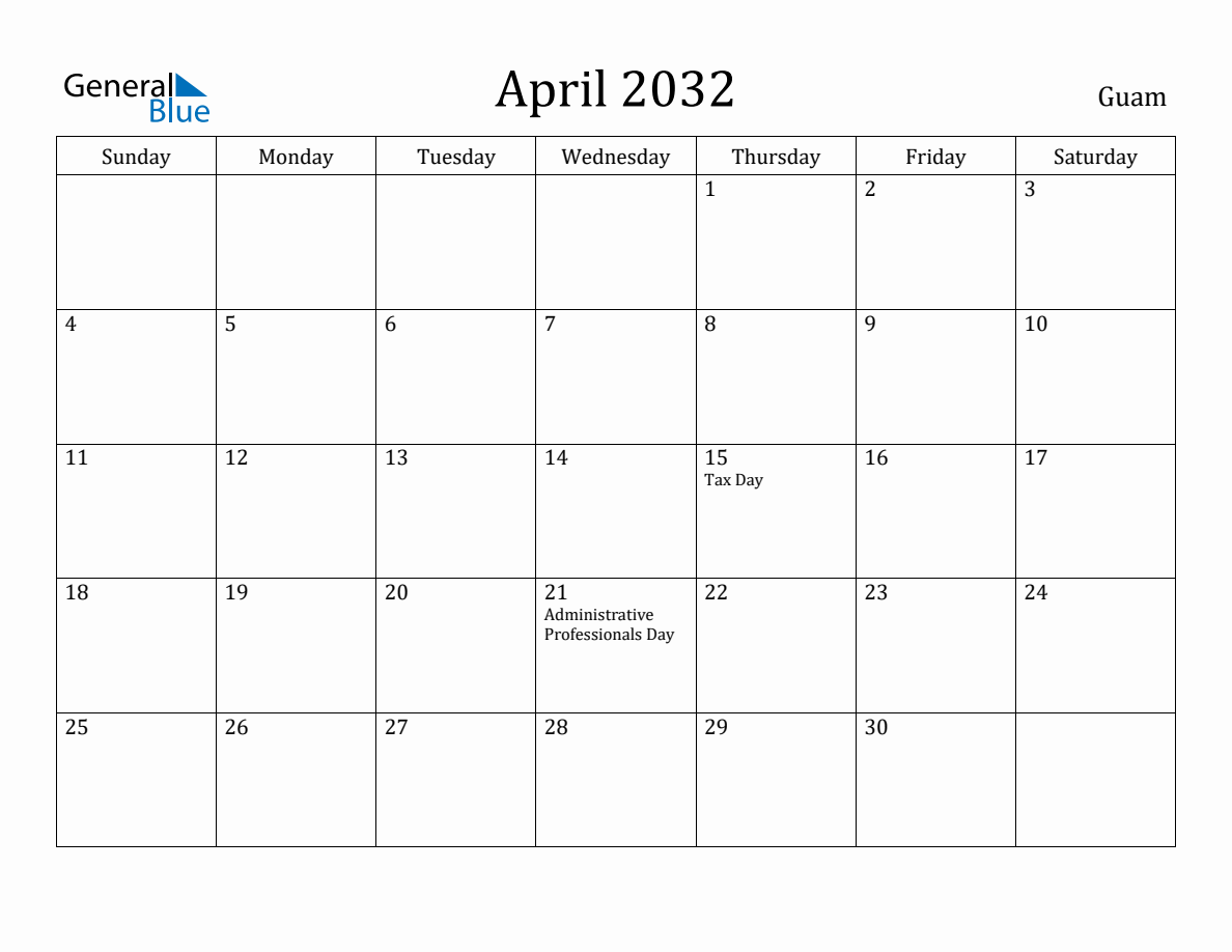 April 2032 Monthly Calendar with Guam Holidays