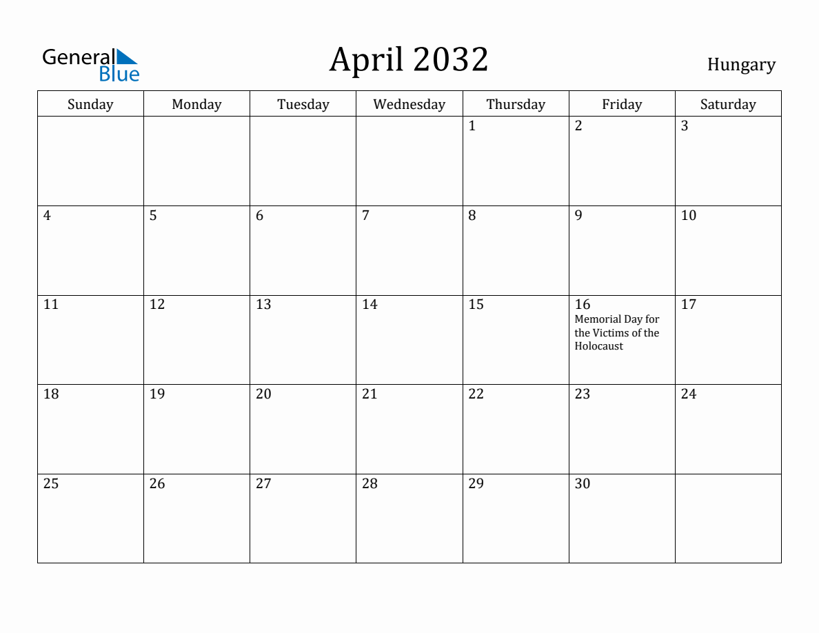 April 2032 Monthly Calendar with Hungary Holidays