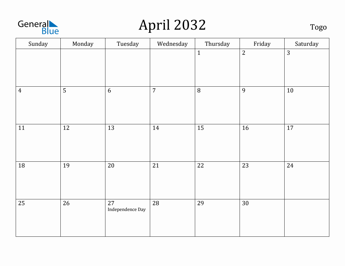 April 2032 Monthly Calendar with Togo Holidays