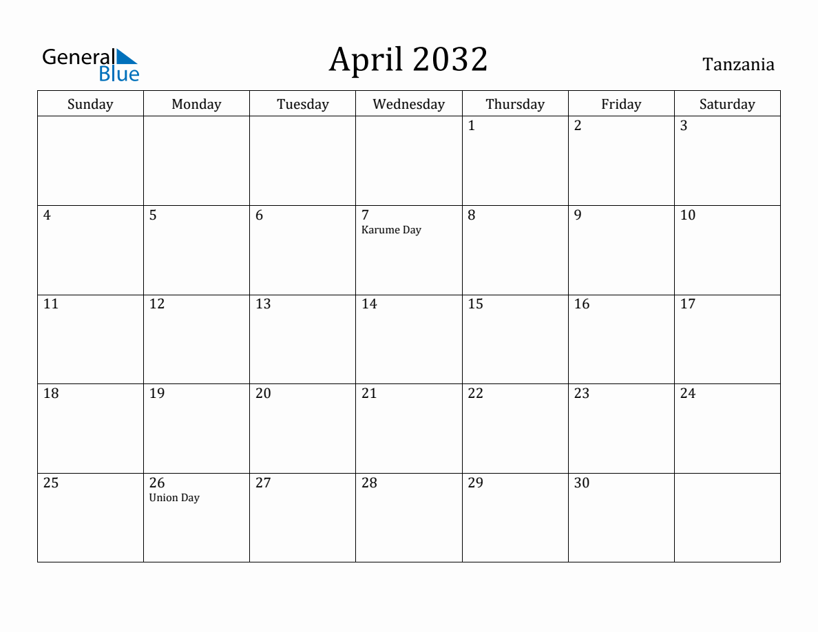 April 2032 Monthly Calendar with Tanzania Holidays