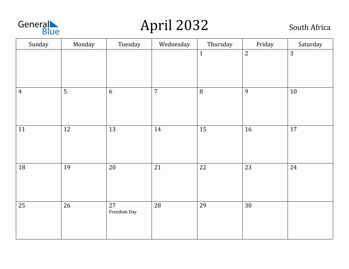 April 2032 Monthly Calendar with South Africa Holidays