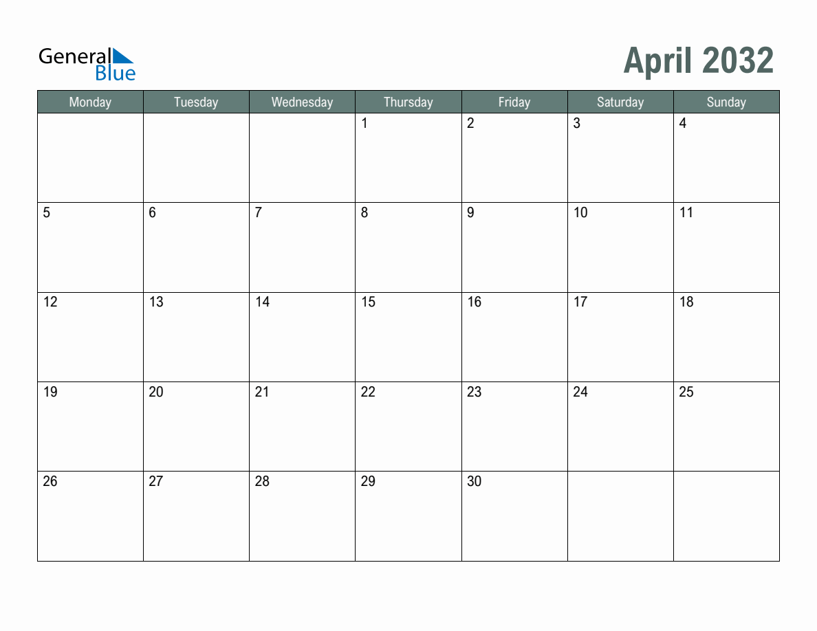 Blank April 2032 Monthly Calendar Template - Monday Start