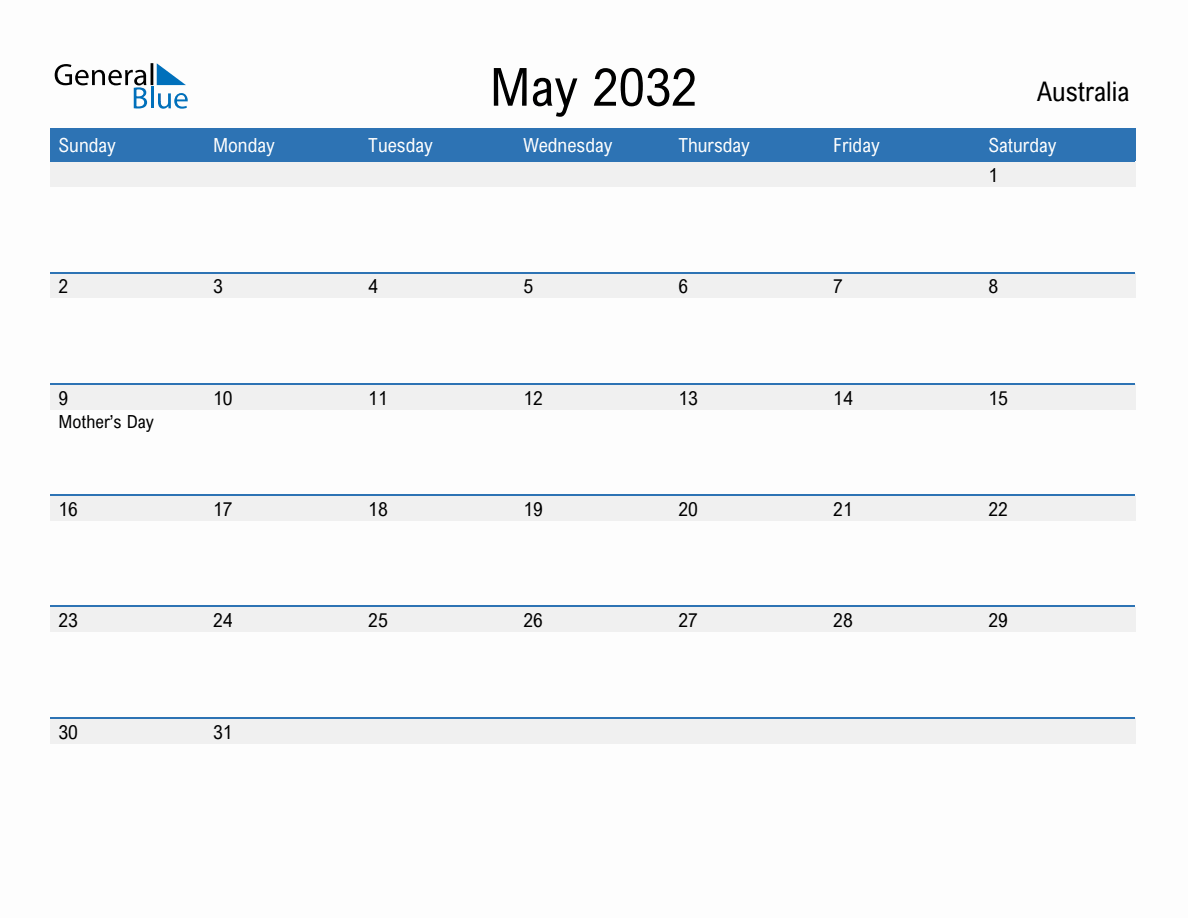 May 2032 Monthly Calendars with Australia Holidays