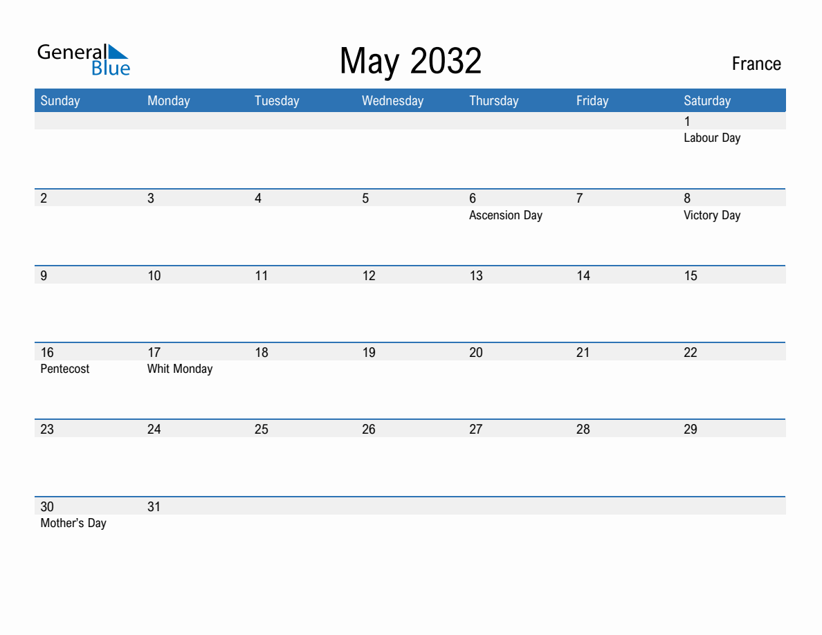 May 2032 Monthly Calendars with France Holidays