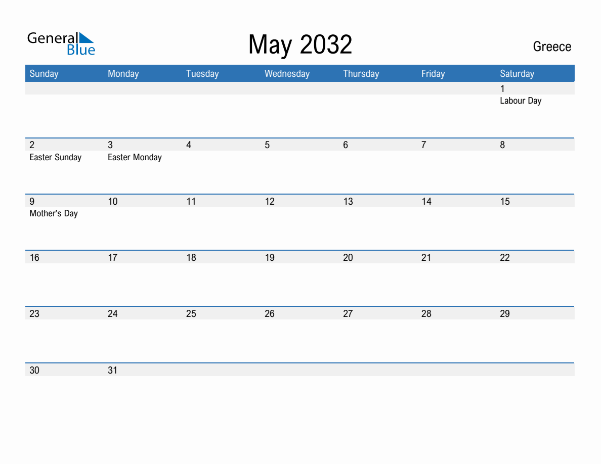 May 2032 Monthly Calendar with Greece Holidays