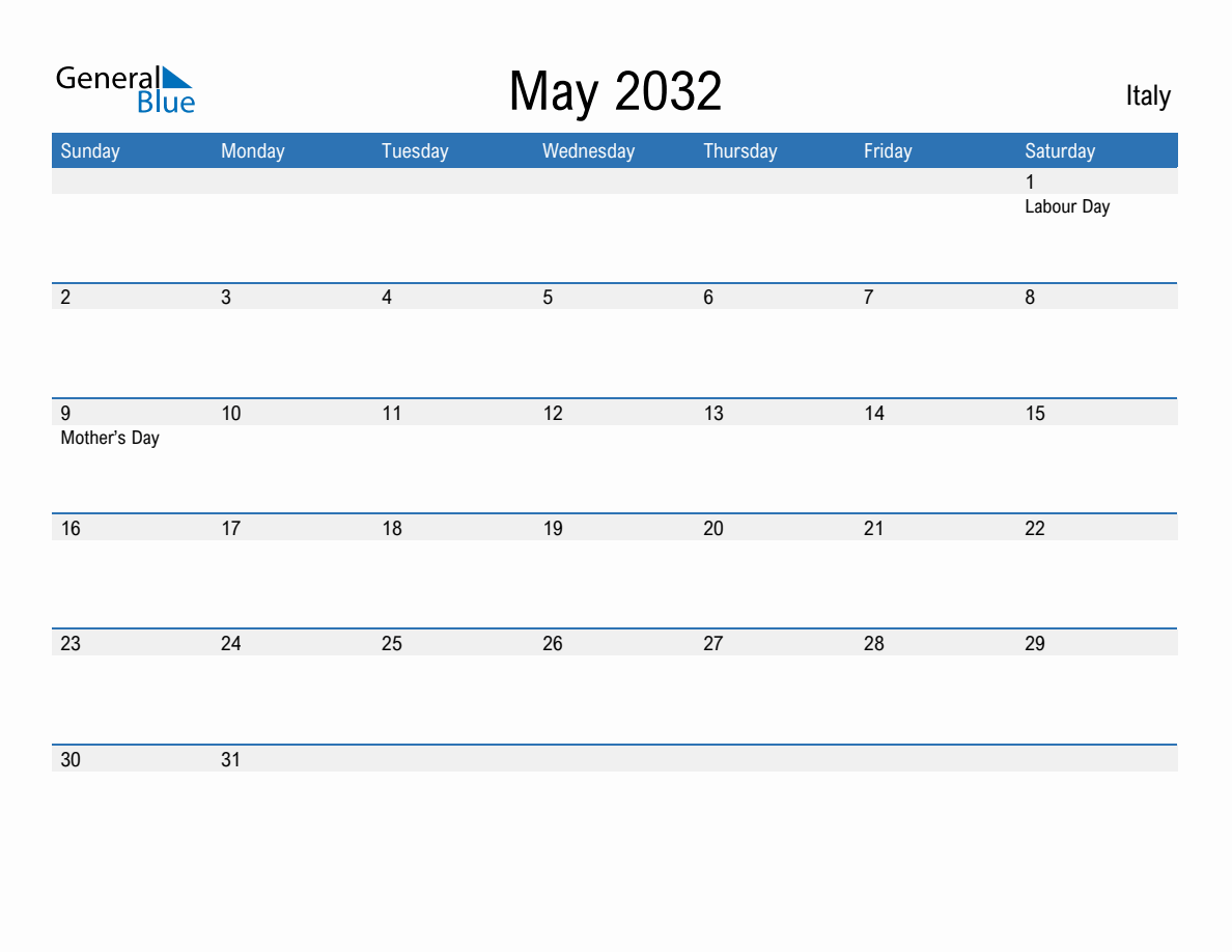 May 2032 Monthly Calendars with Italy Holidays