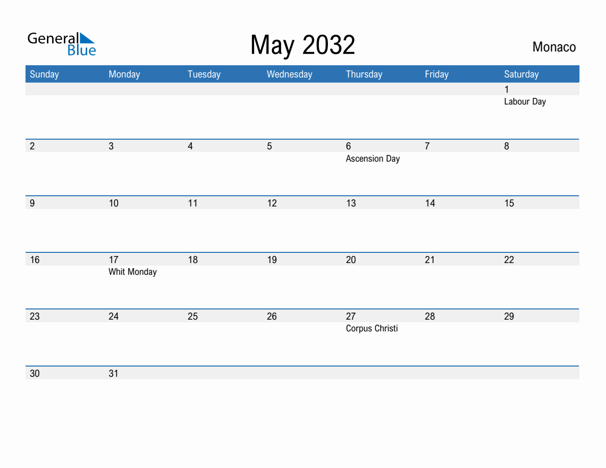 May 2032 Monthly Calendars with Monaco Holidays