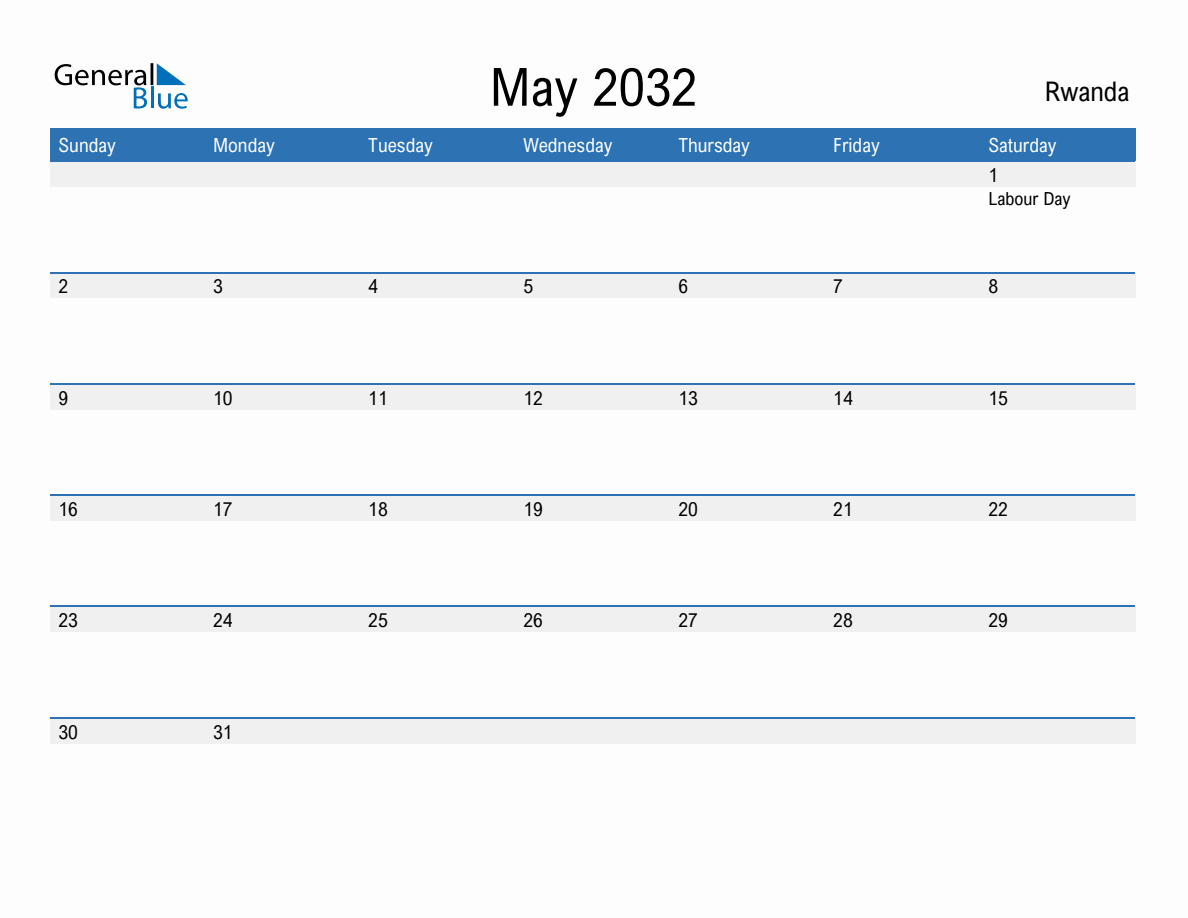 May 2032 Monthly Calendars with Rwanda Holidays