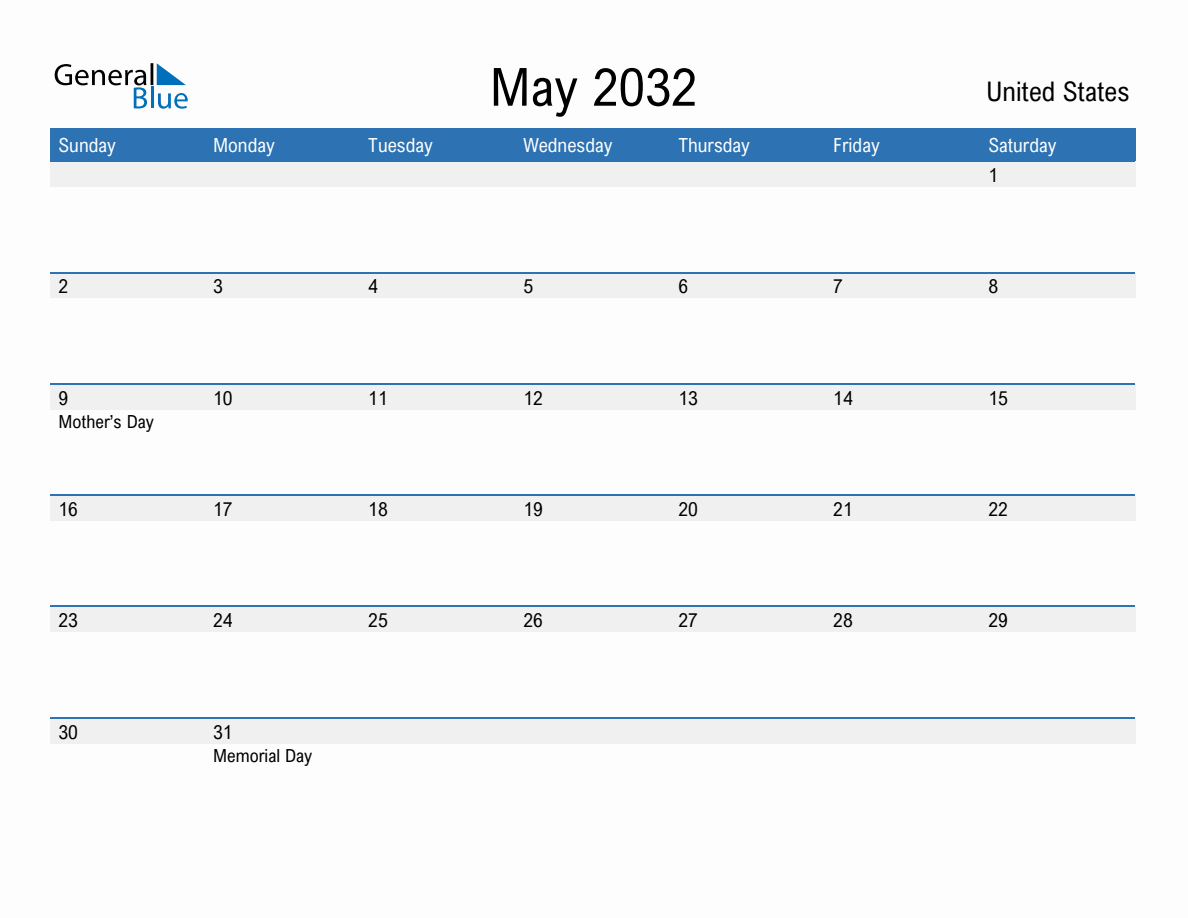 May 2032 Monthly Calendars with United States Holidays