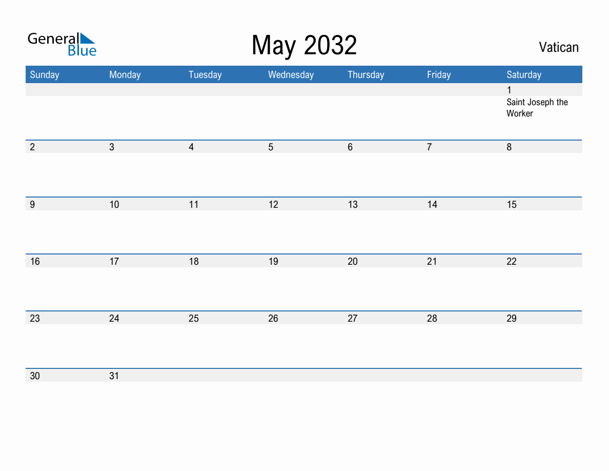 May 2032 Monthly Calendars with Vatican Holidays