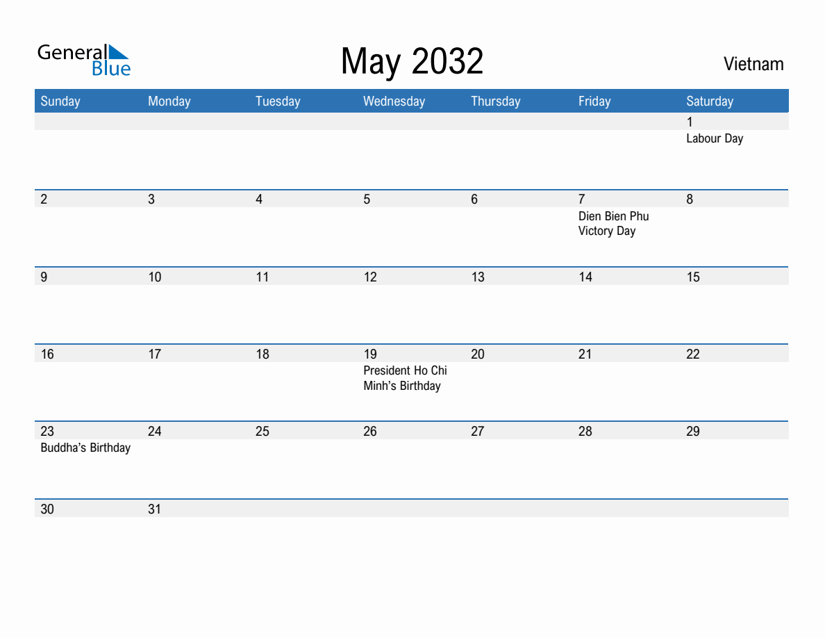 May 2032 Monthly Calendars with Vietnam Holidays