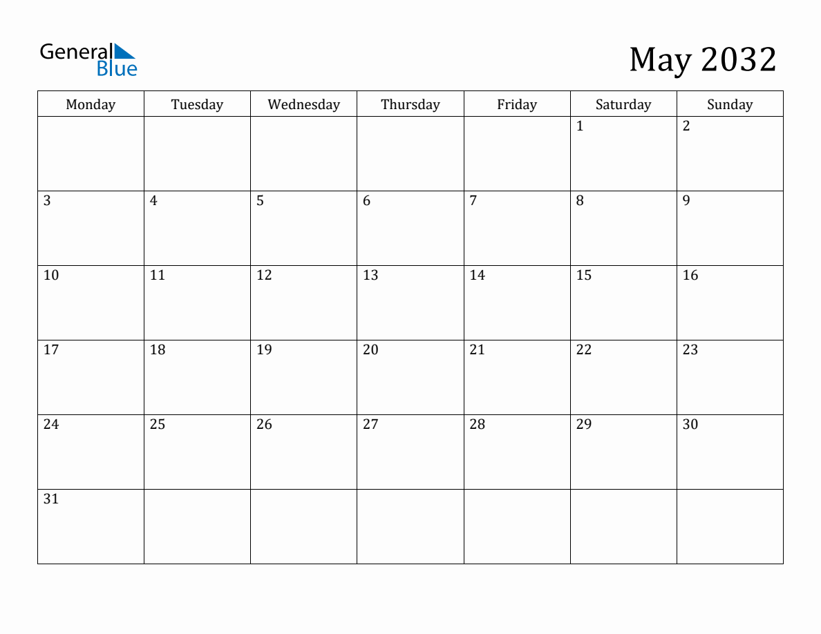 May 2032 Monthly Calendar - Monday Start